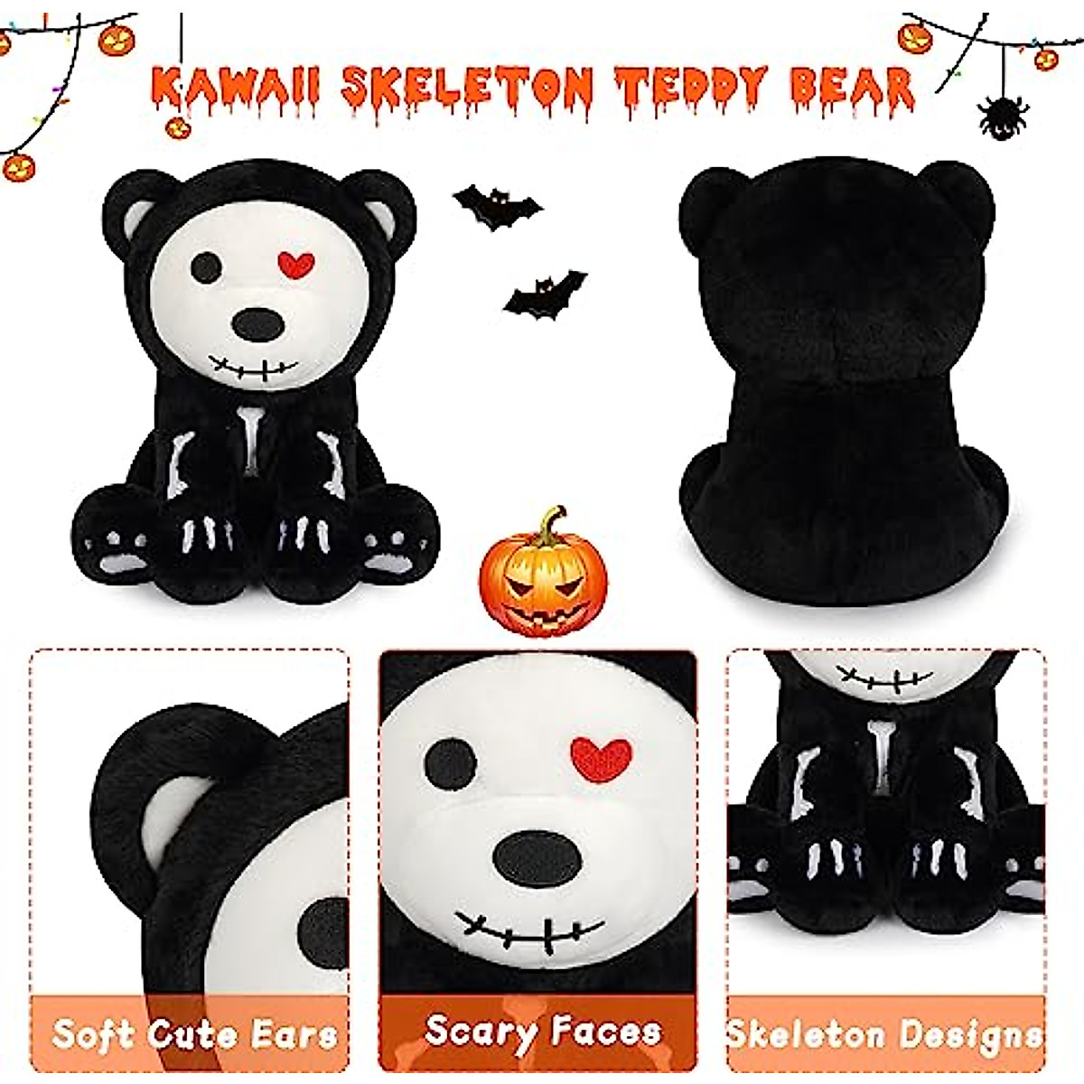 JIZWPOOM Black Teddy Bear Plush, Teddy Bear Stuffed Animals Goth Plush Teddy Bear, Cute Black Bear Toy Stuffed Bear Plushies Gift for Kids Birthday Decoration