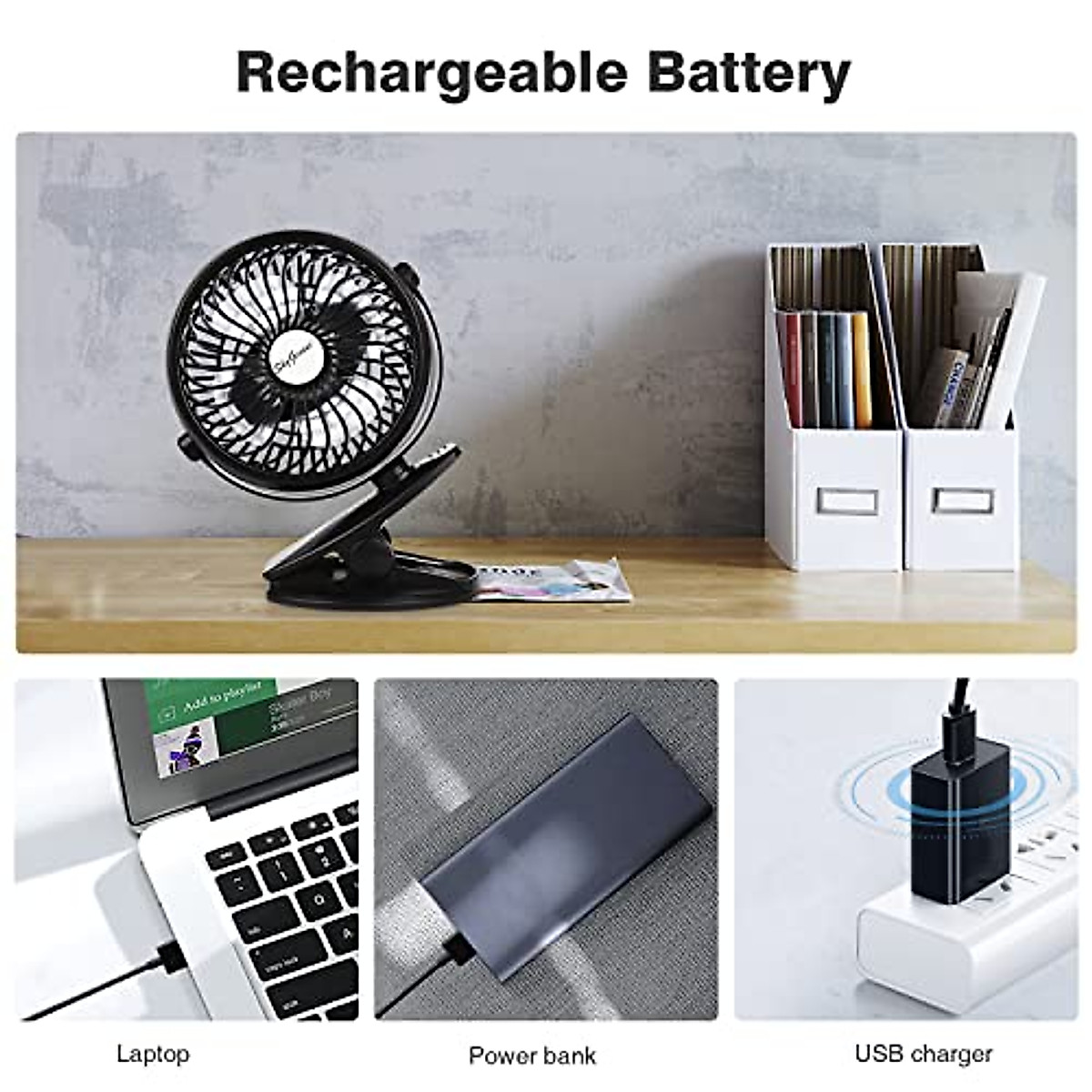 SkyGenius Battery Operated Clip on Mini Desk Fan, Black