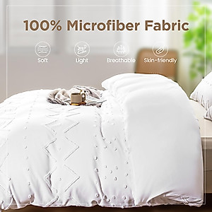 Sophia & William Boho Duvet Cover Set, 3 Pieces Tufted Comforter Set for All Season, Textured Duvet Cover and 2 Pcs Pillowcases, White, Queen Size