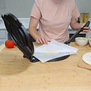 Lot45 Tortilla Press 12 inch - Cast Iron Manual Roti Maker Dough Press for Corn Tortillas, Tamales, Chapati, Naan Bread, Pizza Dough with 50 Parchment Paper Sheets