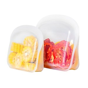 OTB Set of 2 Stand Up & Reusable Silicone Storage Bag, Silicone Food Storage Container, Leak-free, Microwave and Dishwasher Safe, BPA FREE Freezer Bags, Reusable Sandwich Bags Clear
