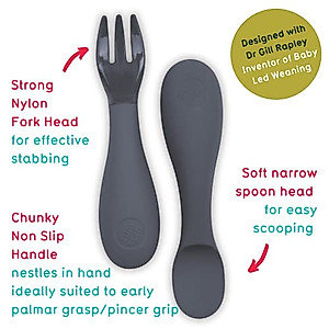 TUM TUM Baby Cutlery with Case, Baby Spoon & Fork Set, Baby Cutlery for Babies, First self Feeding Cutlery, Silicone Baby Spoon & Fork, 6 Months Plus, (Grey)