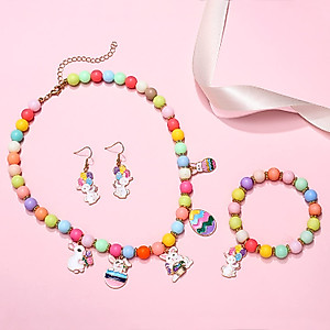 Rainbow Beads Bunny Egg Pendant Necklace and Bracelet for Women Girls, Colorful Beaded Stretch Bracelet, Cute Enamel Rabbit Drop Earrings, Little Girls Jewelry Sets, Holiday Favors Gift for Girls,
