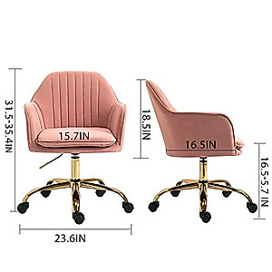 HOMHUM Desk Chairs with Wheels, Home Office Chair Mid-Back Velvet Office Chair Adjustable Cute Chair with Side Arms and Gold Metal Base for Living Room, Bedroom, Home Office, and Vanity Room (Pink)