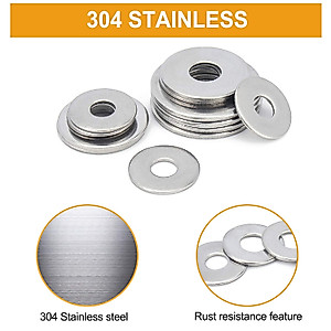 VIGRUE 304 Stainless Steel Flat Washers Assortment Washers Hardware Set 300pieces,8Sizes 1/2" 3/8" 5/16" 1/4" 12# 10# 8# 6#