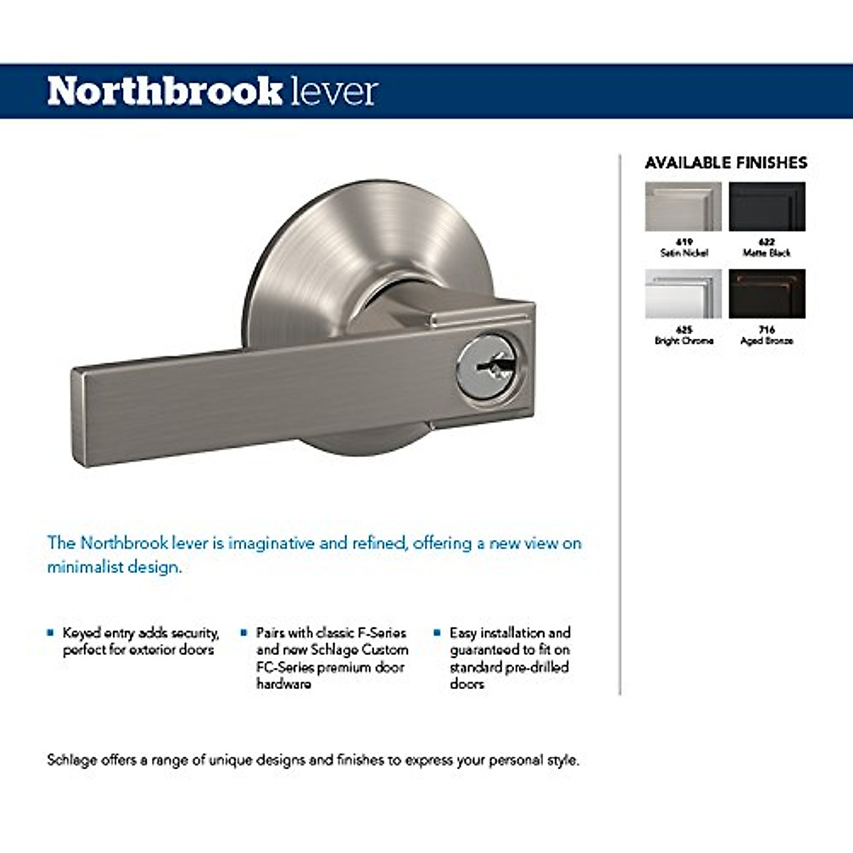 SCHLAGE F51A NBK 716 COL Northbrook Lever with Collins Trim Keyed Entry Lock, Aged Bronze