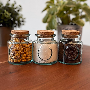 DESIGNED BY VSM, Small Apothecary Jars With Cork Lids, Made Of 100% Recycled Glass | Bathroom Decor Aesthetic, Cotton Ball Holder, Qtip Holder, Bath Salt Container, Vanity Decor, 3pack, Made in Spain.