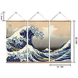 zhugege Japanese Traditional Art The Great Wave Off Kanagawa by Hokusai ,Hanging Poster with Wood Frames,Ready to Hang Decorative Wall 3 Piece Set (16''x32'' x 3)