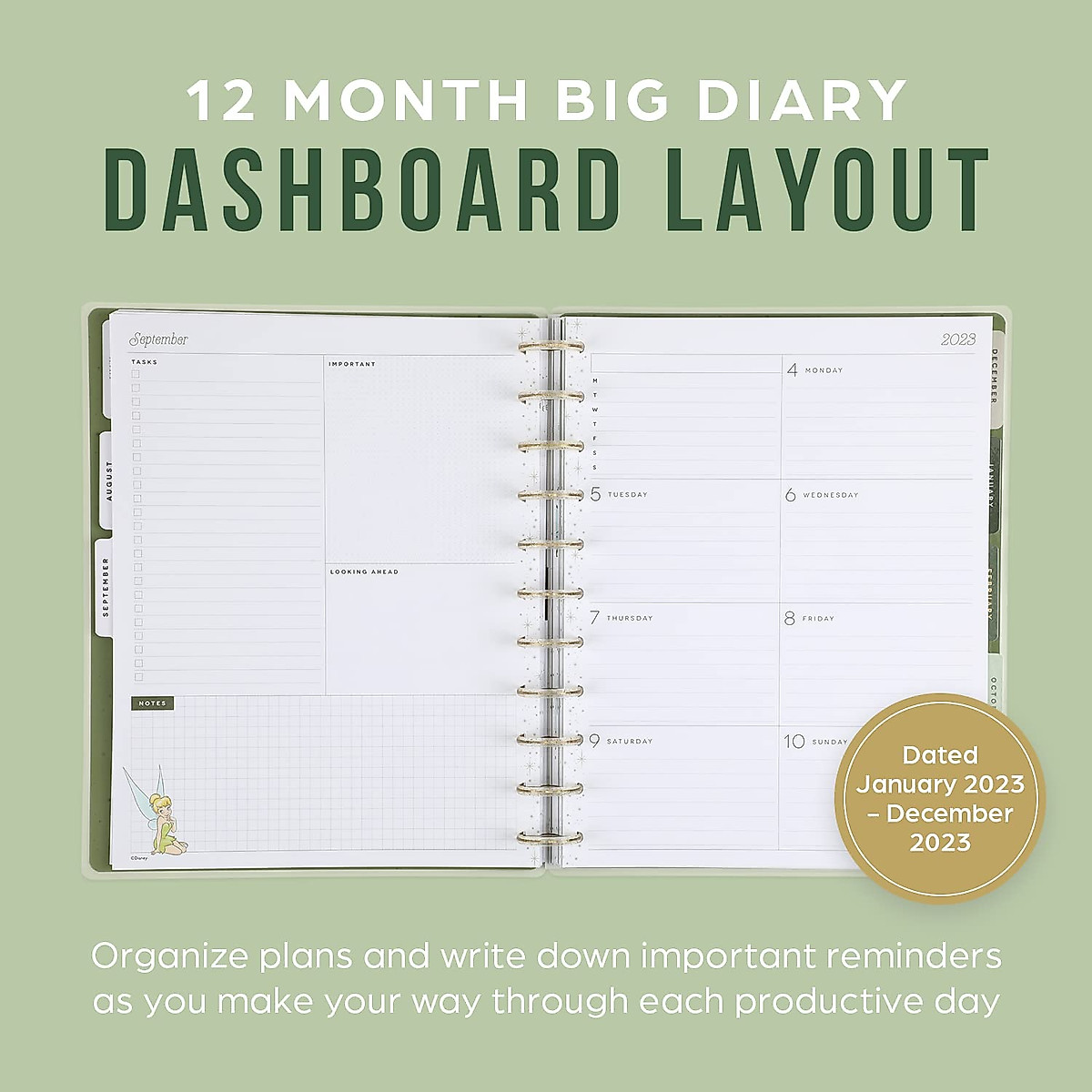 Happy Planner Disney 2023 Daily Planner for July 2023 to June 2024, 12-Month Daily, Weekly, and Monthly Planner, Dashboard Layout, Tinkerbell Find Your Wings Theme, Big Size, 11 Inches by 8 1/2 Inches