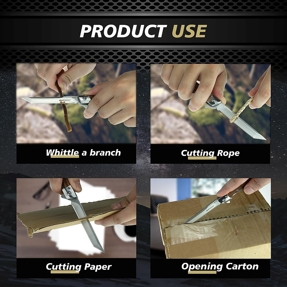 ohmonlyhoo Pocket Knife for Men, 3.5 inch Folding Knife with Wooden Handle and Leather Sheath, Edc ​Tanto Knife for Men and Women