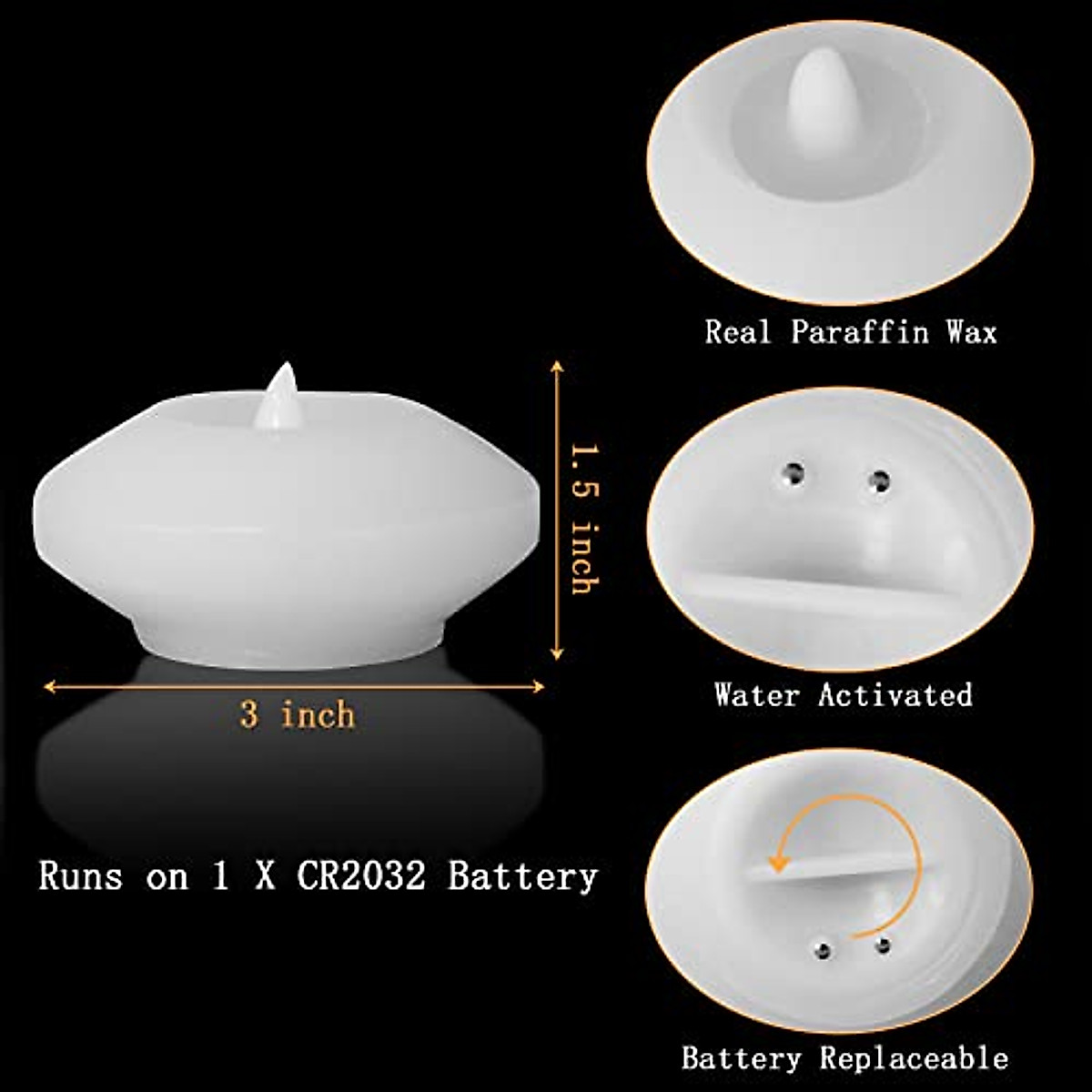 LARDUX LED Floating Candles - 4 PCS 3 Inch Flameless Floating Tea Lights Battery Operated Waterproof Wax Candle Lights for Bathtub Vase Table Centerpieces Decoration