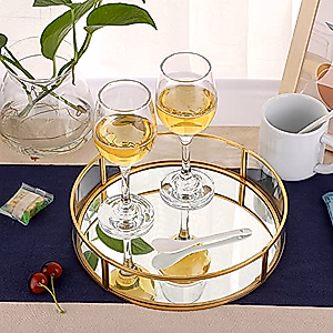 ELLDOO Gold Round Glass Tray, Mirror Jewelry Tray Perfume Tray Mirror Vanity Tray Dresser Tray Ornate Tray Metal Decorative Tray Perfume Organizer Makeup Tray for Vanity Dresser