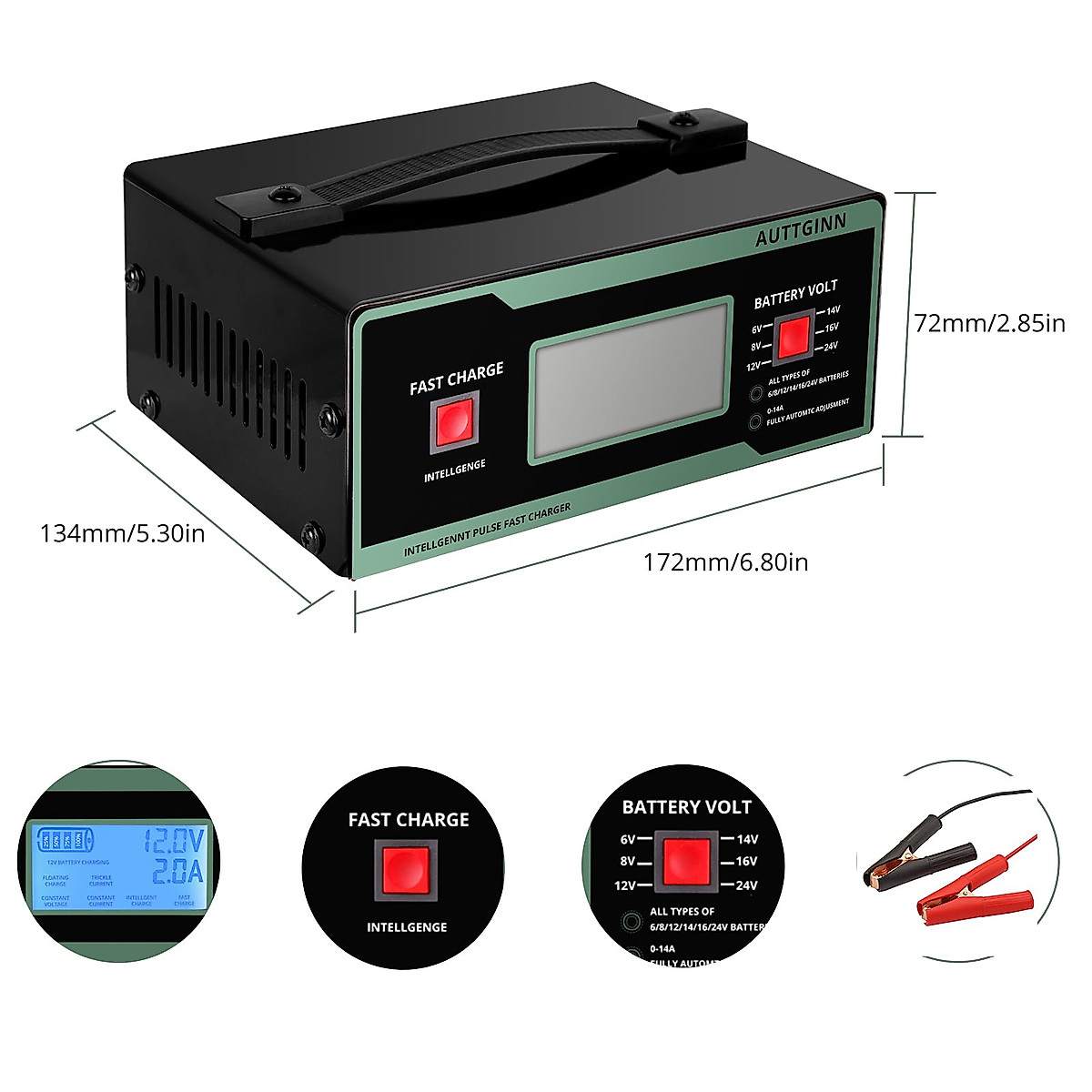AUTTGINN AUTTGINN 8 Volt Battery Charger 0-10A Smart Adjustable Golf Cart Battery Charger and Maintainer with Cable Clamps and Handle,Smart Trickle Charger for Automotive,RV,Golf cart,6/8/12/16/24V