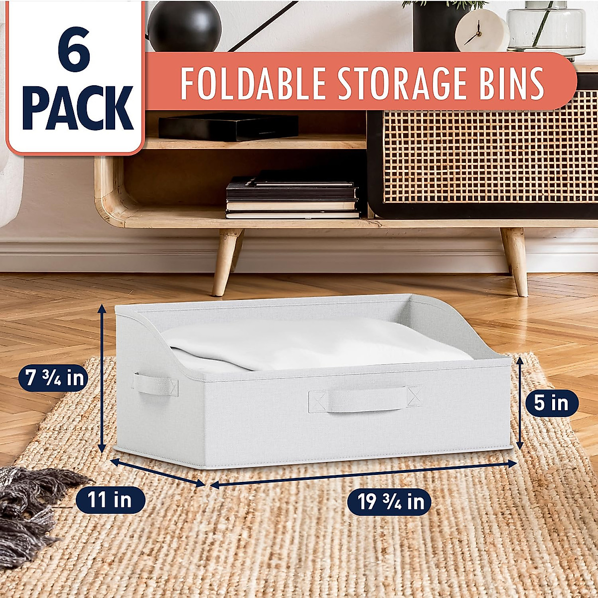 Ornavo Home 6 Pack Collapsible Trapezoid XLarge Storage Bins, Foldable Fabric Shelf Storage Basket Closet Organizer and Large Storage Box for Clothes with Handles, White