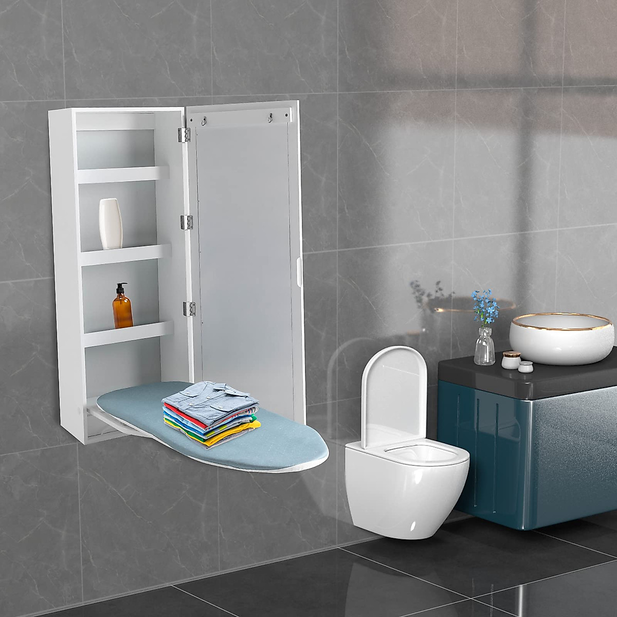 Wall Mount Ironing Board Cabinet, Built-in Swivel Ironing Board Foldable with Storage, Wall Hanging with Mirror, White