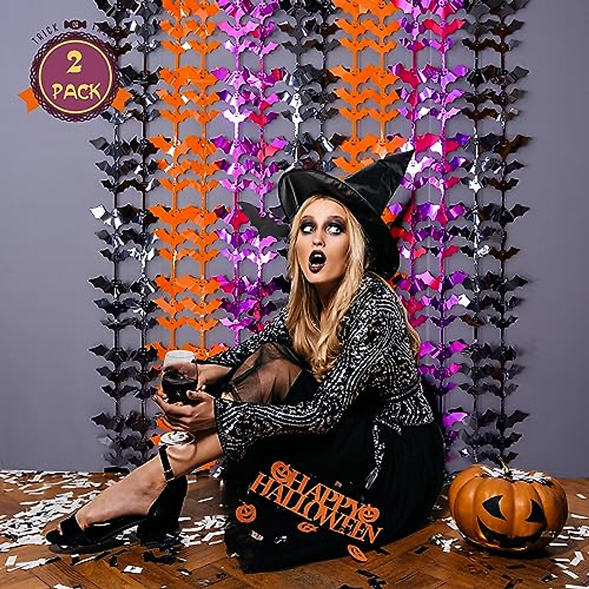 LOLStar Halloween Party Decoration, 2 Pack Black Orange and Purple Bat Photo Booth Props, 3.3 x 6.6 ft Halloween Foil Fringe Curtains, Halloween Photo Backdrop Streamers for Halloween Party Supplies