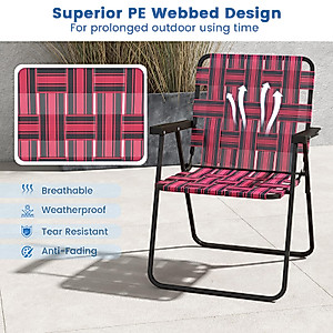 LDAILY Moccha Folding Chair Set of 6, Patio Lawn Chairs with Armrest, Sturdy Steel Frame, 6 Pack Portable Outdoor Chair, Webbed Lawn Beach Chair for Camping, Fishing, Patio, Garden, Bay, Yard, Red