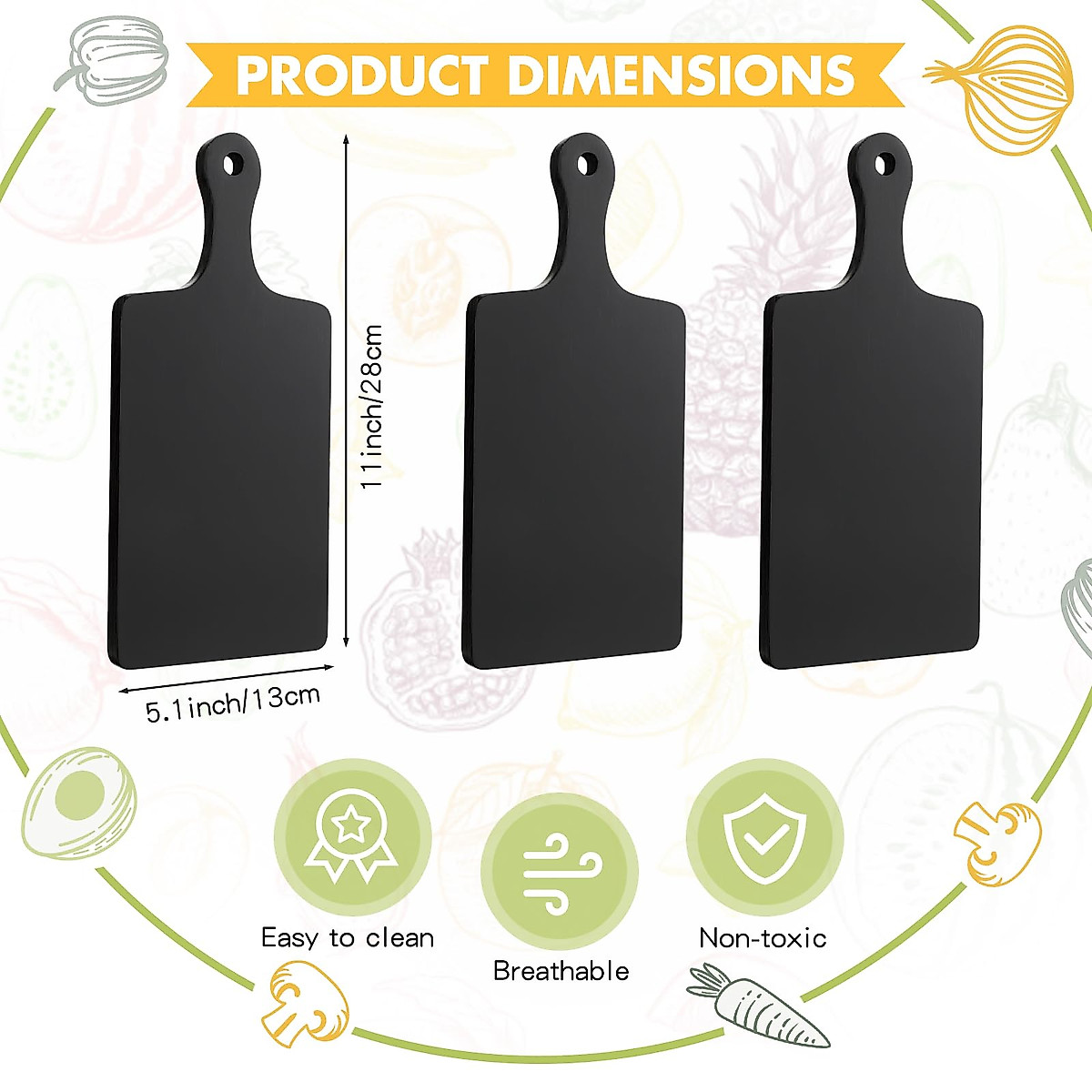 Geetery Black Bamboo Cutting Boards with Handle Bamboo Pizza Paddle Serving Boards Tray Charcuterie Board Chopping Board for Cheese Steak Bread (3 Pcs)