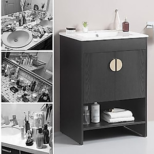 QuixotYDDZ 24 Inch Modern Freestanding Solid Wood Bathroom Cabinet, Bathroom Vanity with Ceramic Sink Combo, Bath Cabinet with 2 Doors and Open Shelf for Small Space, Solid Wood, Black