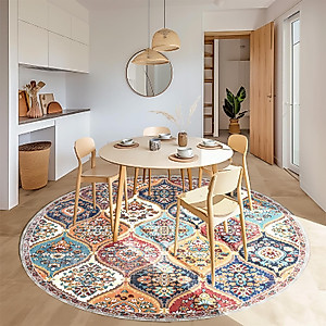Round Boho Rug, Bohemian Circle Area Rug 5ft, Washable Non-Slip Round Clearance Moroccan Carpet for Bedroom Kitchen Bathroom Living Room Office Decor - 5ft-Round,Cream