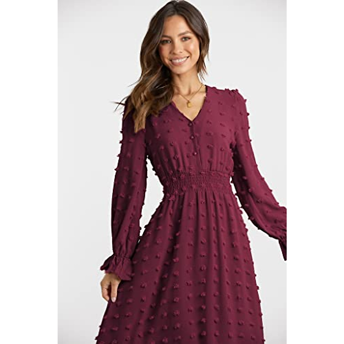 MASCOMODA Women Boho Maxi Dress 2023 Long Sleeve V Neck Swiss Dot Smocked High Waisted Button A-Line Ruffle Tiered Fall Long Dress(Medium, Wine Red)
