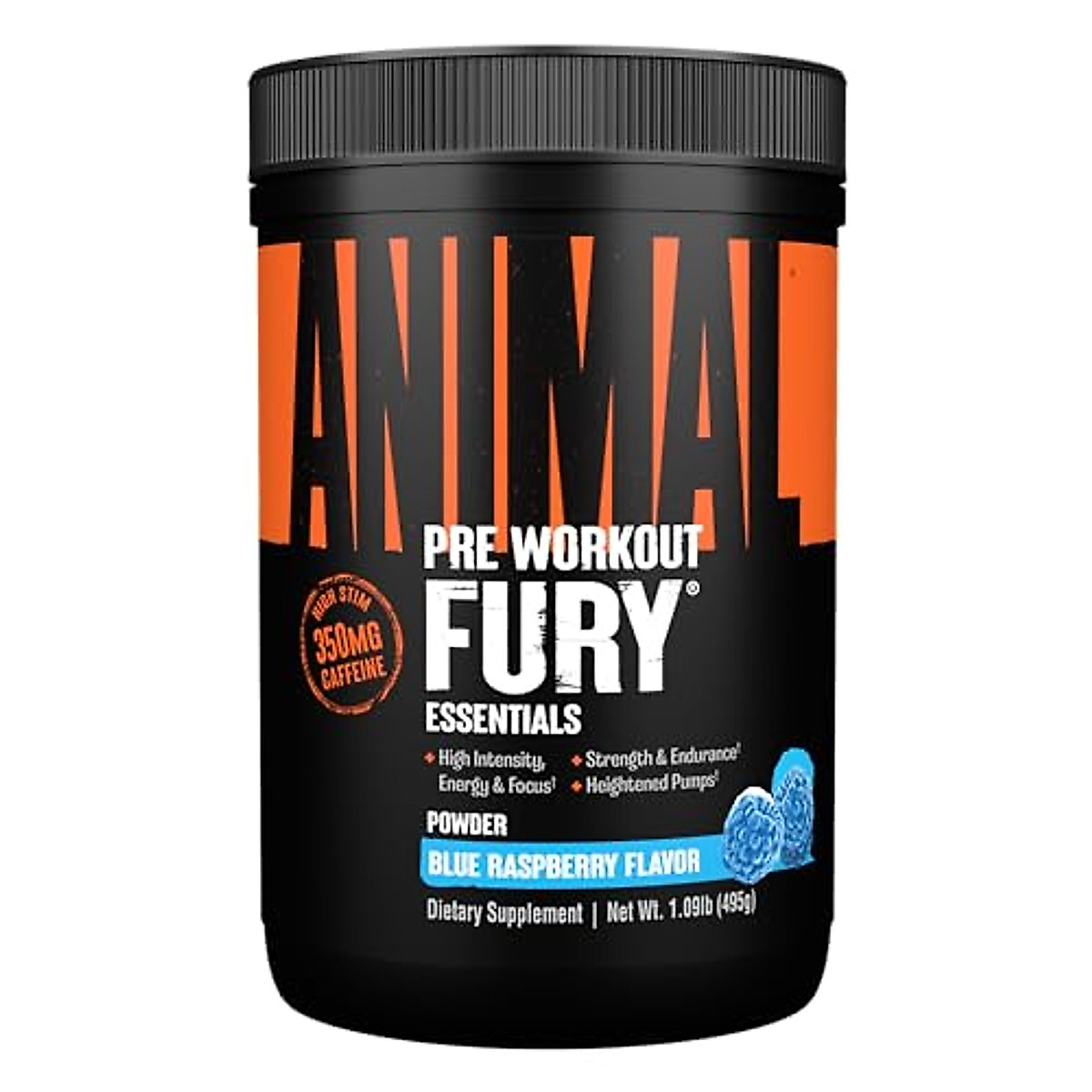 Animal Fury Pre Workout Powder - Energy and Focus Supplement with 5g BCAA, 350mg Caffeine Nitric Oxide Booster with Beta-Alanine, Preworkout for Men and Women, Blue Raspberry Flavor, 30 Servings