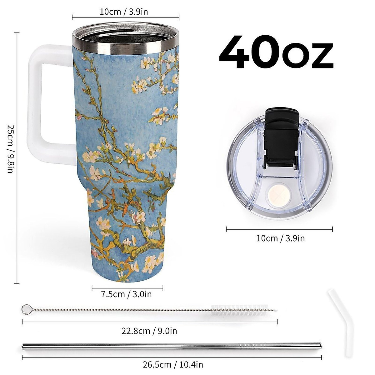 Niapessel Leak Proof Tumbler, Insulated Water Bottles with Straw, Blooming Almond Tree Van Gogh Insulated Cup with Handle 40 Oz Stainless Steel Flask for School, Travel, Car, Sports, Work