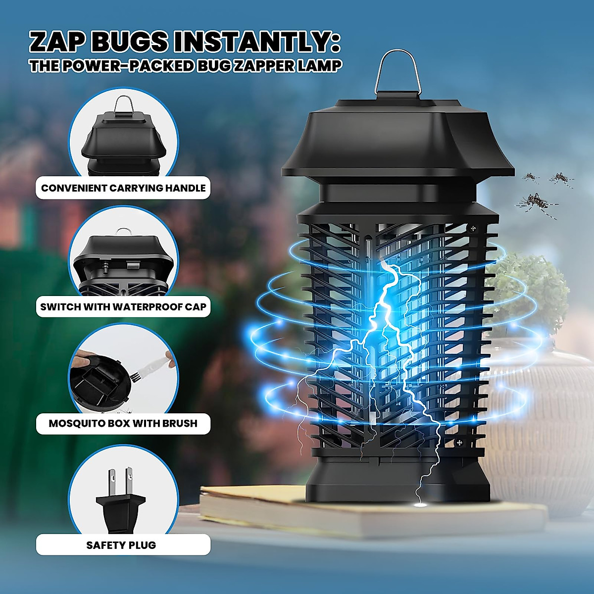 DEVOGUE Electric Bug Zapper - Electric Blue Violet Attract Insect Light - Modern Stylish Mosquito Fly Killer - Fly Mosquito Control Bug Zapper Outdoor & Home and Kitchen (Black)