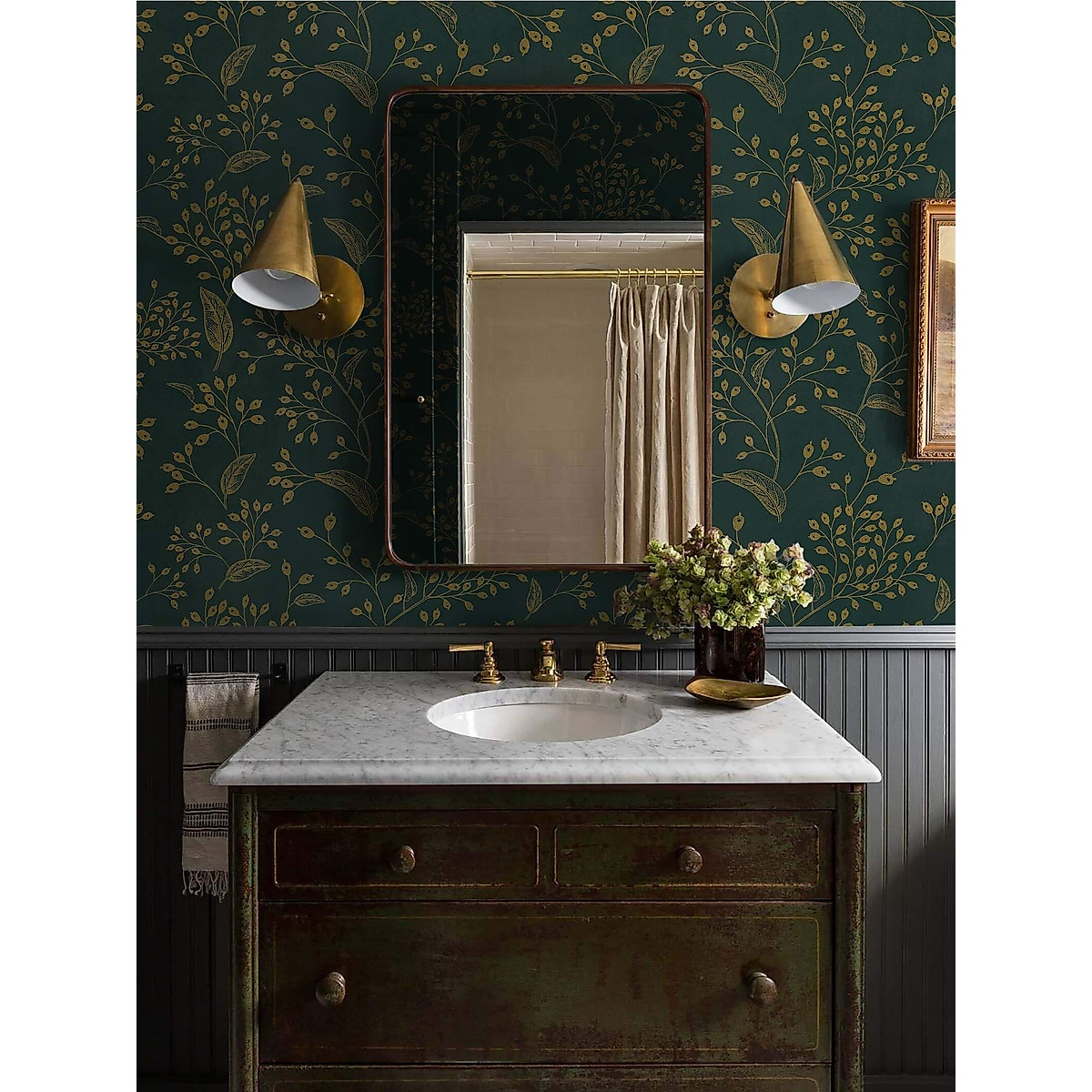 Heroad Peel and Stick Wallpaper Dark Green Contact Paper Gold Floral Wall Paper Modern Boho Removable Contact Paper for Cabinets Drawers Bedroom Self Adhesive Vinyl Papel Tapiz Para Pared 118" x 17.3"