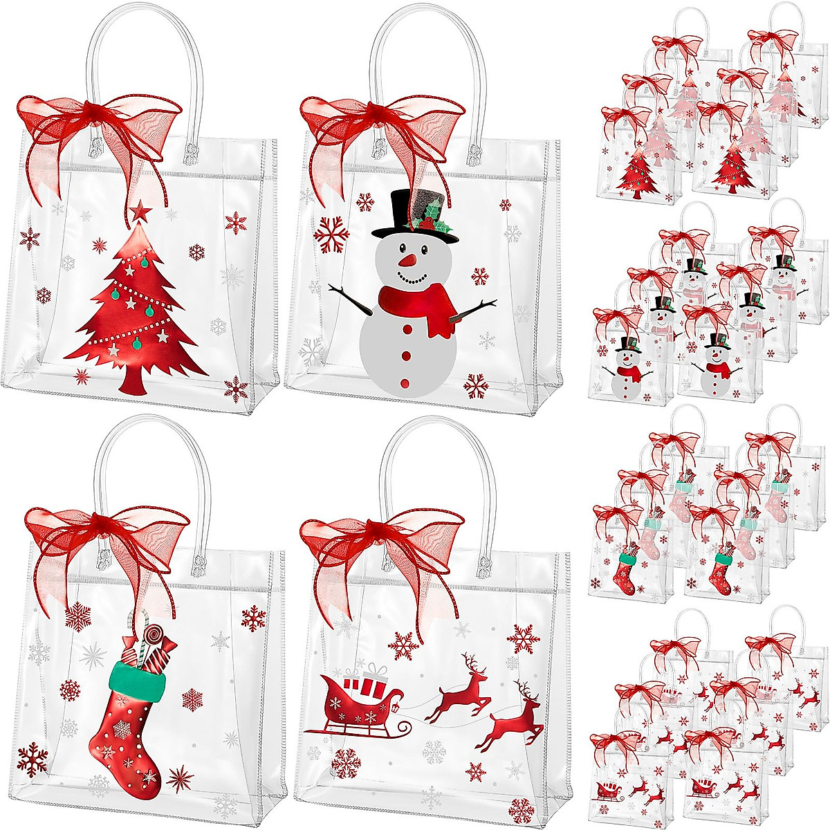 Henoyso 24 Pcs Christmas Clear Gift Bags with Handles Plastic Xmas Candy Treat Bags with Ribbon 7.8 x 7.8 x 3.1 PVC Gift Wrap Totes for Retail Wedding Birthday Party Favors(Red)