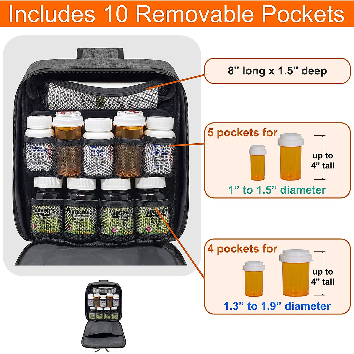 StarPlus2 Cross-Body Hands-Free Modular Pill Bottle Organizer, Medicine Bag, Case, Carrier for Medications, Vitamins, and Medical Supplies - Heather Gray (Without Lock)