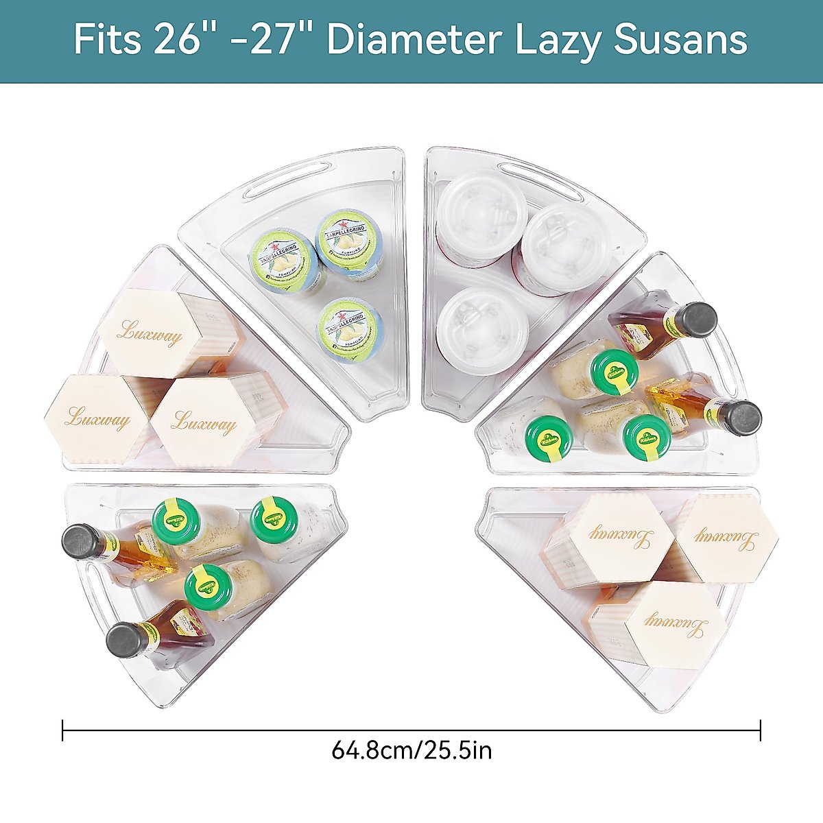 Oubonun Lazy Susan Organizers Set of 6, 10.2”x 9.4”x 4” Plastic Transparent Kitchen Cabinet Storage Bins with Handle, 4" Deep Container, 1/8 Wedge - Food Safe, BPA Free