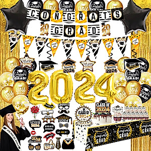 graduation decorations class of 2024 black gold - (89pack) Congrats Grad Banners, class of 2024, Hanging Swirl, Balloons, Tablecloths, Cupcake Topper, Plates, Photo Props, senior 2024 Sash