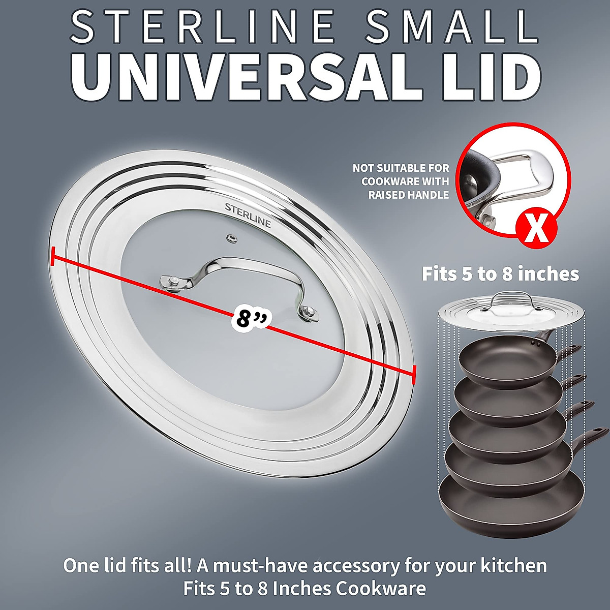 Sterline Small Universal Lid,Fits 5,8 Inch Cookware,Tempered Glass Top with Steam Vent for Pots, Pan, and Cast Iron Skillets,Stainless Steel Replacement Pot Lid for Kitchen Organizing, Space Saving