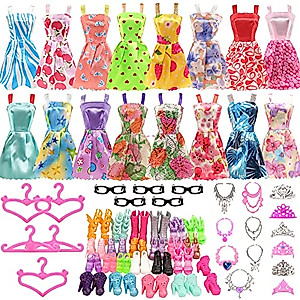 BARWA 42 pcs Doll Clothes and Accessories 10 pcs Party Dresses 32 pcs Shoes, Crown, Necklace Accessories for 11.5 inch Doll