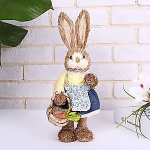 Easter Simulation Bunny Figurine Decorations, YeLuck Creative Standing Straw Rabbit with Carrot Basket, Home Table Garden Figurines Tabletopper Accessories Spring Decor,Easter Handmade Gifts