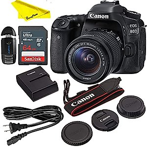EOS 80D Digital SLR Kit with EF-S 18-55mm f/3.5-5.6 Image Stabilization STM Lens (Black) + 64GB Basic Accessories Bundle