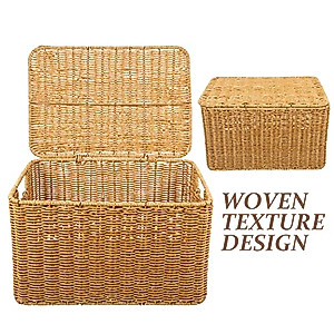 Happyyami Woven Storage Bin with Lid Poly-wicker Storage Basket Rectangular Household Basket Box Organizer for Shelf Wardrobe Home Organizing