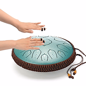 Green 15 Notes 14 Inches Steel Tongue Drum | Wide Range Steel Drum with Carrying Bag & Mallets | Tank Drum for Healing | Random Color | Ideal for Stress Relief and Meditation, Gift Idea