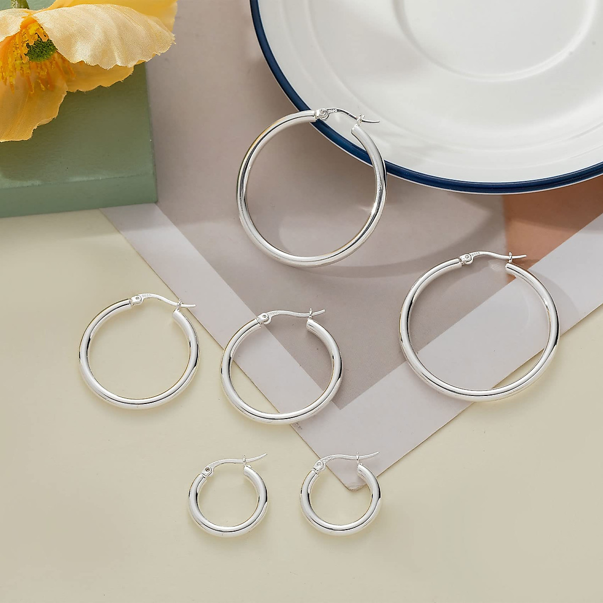 3 Pair Sterling Silver S925 Silver Lightweight Small Hoop Earrings Set Hypoallergenic Hoop Earrings for Women 20/30/40mm PABBEU