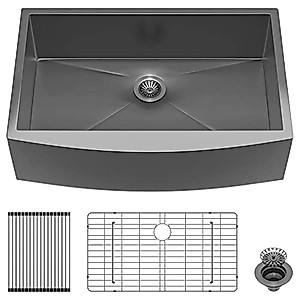 Brzkyr 30 inch Farmhouse Kitchen Sink Gunmetal Black Stainless Steel Apron Front 16 Gauge R10 Deep Single Bowl Kitchen Farm Sinks