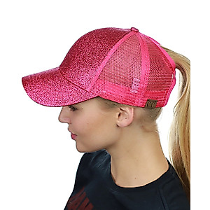 C.C Ponycap Messy High Bun Ponytail Adjustable Glitter Mesh Trucker Baseball Cap, Hot Pink