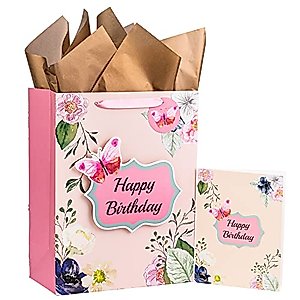 MAYPLUSS 13" Large Gift Bag with Greeting Card and Tissue Paper for Birthday - Pink Floral