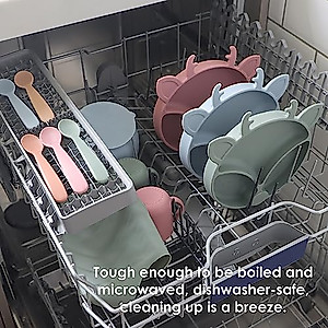 ROCCED Silicone Baby Feeding Set Baby Led Weaning Supplies Toddler Dish Set First Stage Solid Food Eating Utensil, Suction Plates with Spoons Baby Suction Bowls Bibs Cups Placemat- 6M+ Sage