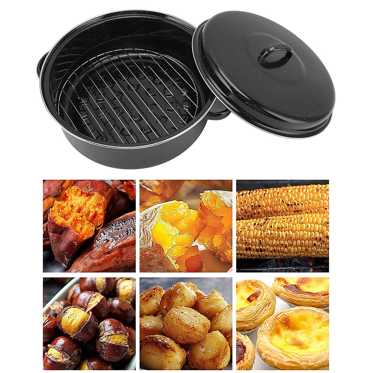 Roasting Pan, Enameled Roasting Pan with Domed Lid Non Stick Enamel Turkey Roaster Pot Round Roaster Pan for Turkey, Chicken, Vegetable(28cm)