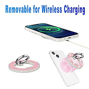 ROMSEA Magnetic Phone Ring Holder Stand, Adjustable Finger Ring Grip Collapsible Kickstand Compatible with for iPhone 14 13 12 Mag Safe Case Removable for Wireless Charging, Pink…