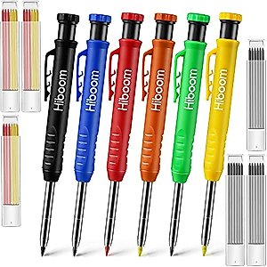 Hiboom Carpenter Pencil Set, 6 Pieces Long Nosed Deep Hole Tip Mechanical Hole Marker with Built in Sharpener and 36 Pcs 2.8 mm Refills for Woodworking Drafting Architect Construction
