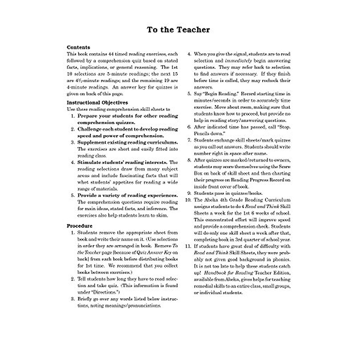 Read and Think 4 Skill Sheets - Abeka 4th Grade 4 Reading Comprehension Student Activity Book