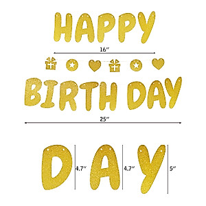 CUTPOPUP Gold Glitter Happy Birthday Banner - Pre-Strung - and Gold Glitter Circle, Star, Heart, Gift Dots Garland for Men Women Birthday Party Decorations, Happy Birthday Door Banner