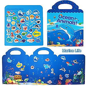Reusable Sticker Books for Kids, 3 Sets Travel Removable Toddler Sticker Books for 3 4 5 Year Old Girls Boys Birthday Gifts Educational Learning Toys for Age 3-5 - Ocean & Zoo Animals, Dinosaur